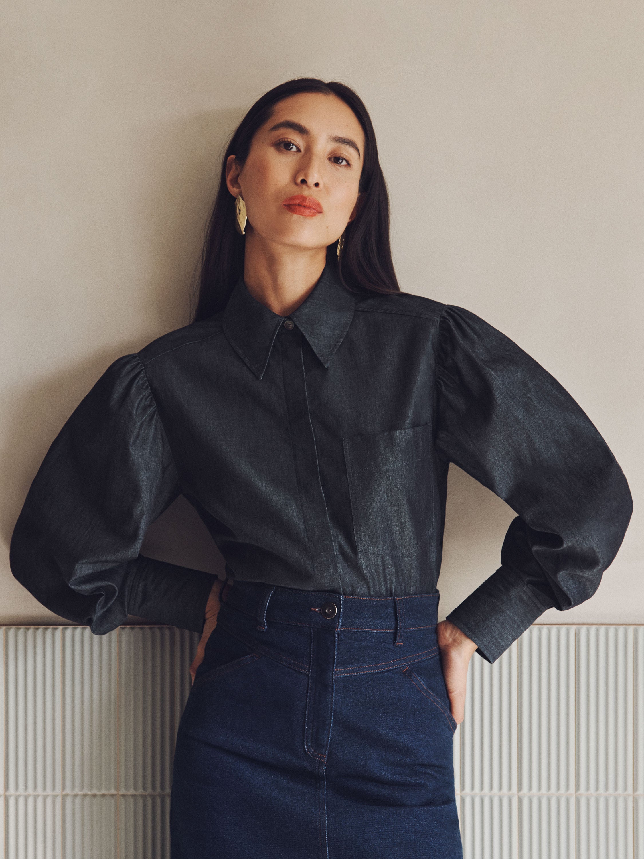Women's Denim Shirt with Balloon Sleeves – vivere-london